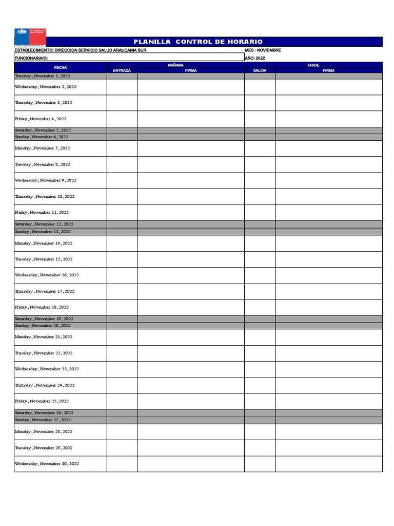 Planilla Control Horario - Agosto - Septiembre-Octubre | PDF