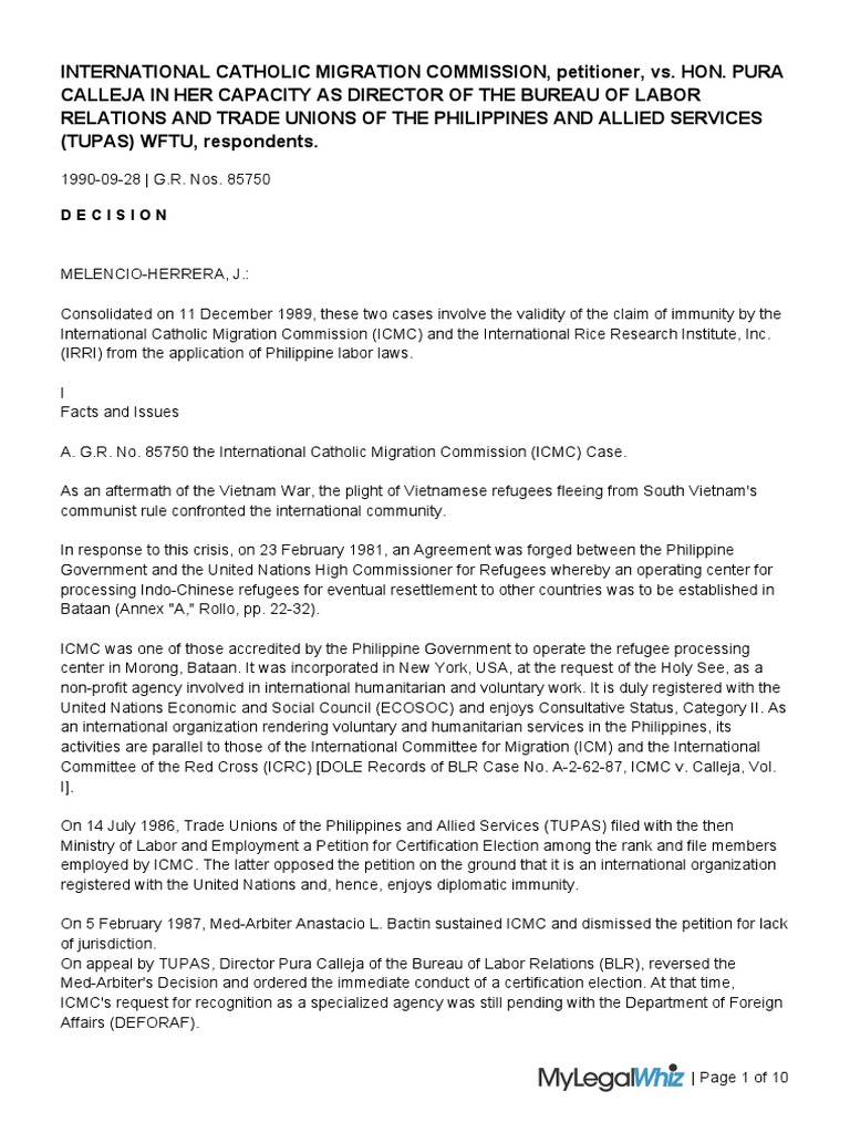 International Catholic Migration Commission Vs Pura Calleja | PDF ...