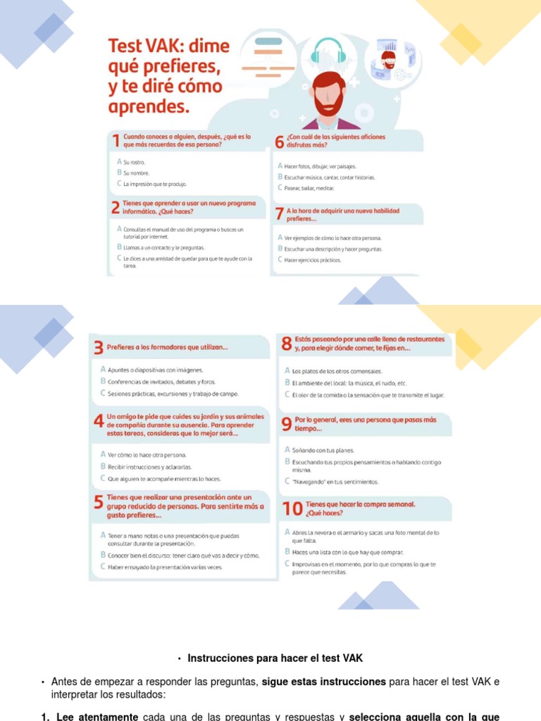 Guía Test VAK: Instrucciones y Resultados | PDF | Aprendizaje ...