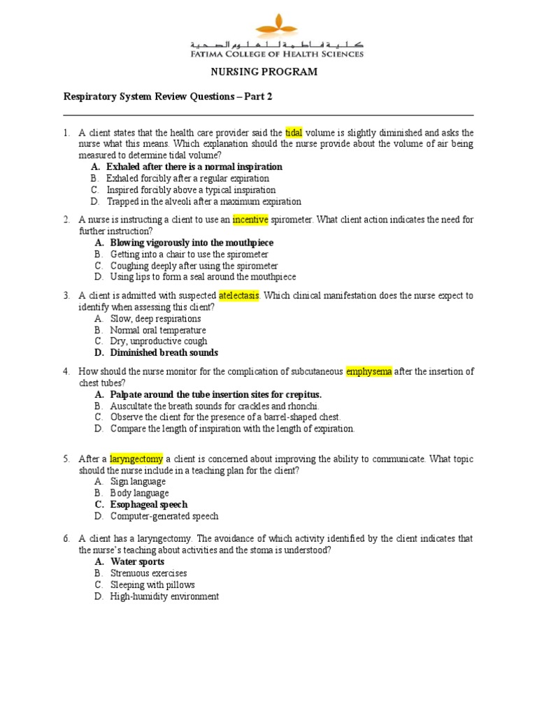 Nursing Respiratory System Review Questions | PDF | Exhalation | Asthma