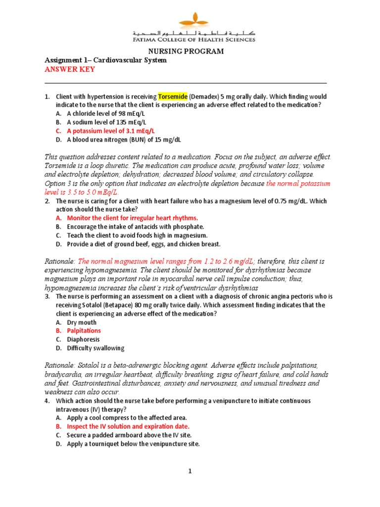 Assign 1 - Cardiovascular System - ANSWER KEY | PDF | Heart | Myocardial Infarction