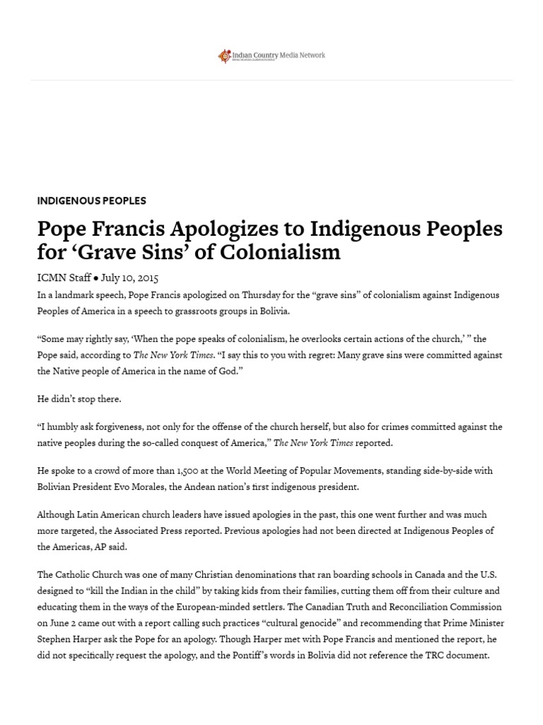 Apology To Indigenous Peoples | PDF | Pope Francis | Indigenous Peoples