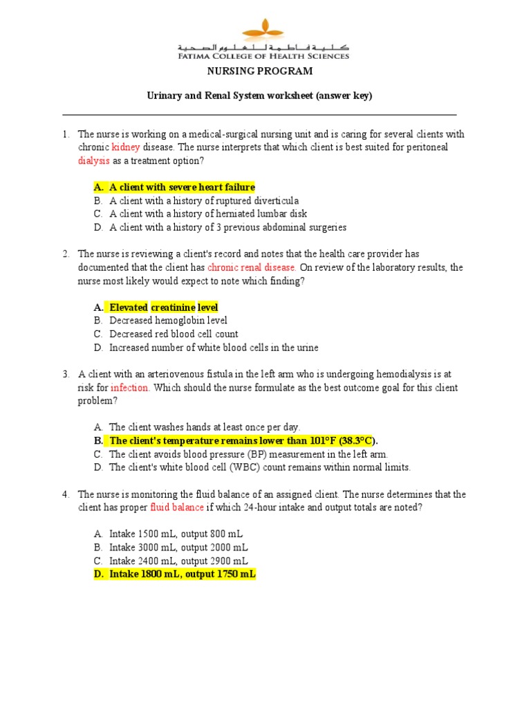 Urinary and Renal Worksheet Answer Key | PDF | Chronic Kidney Disease ...