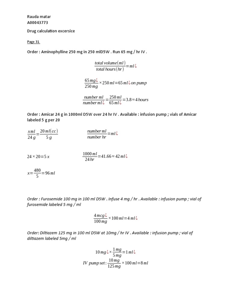 Drug Calculation Excersice | PDF | Intravenous Therapy | Pharmacy