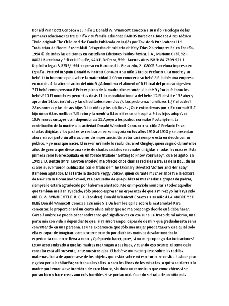 Donald Winnicott Conozca A Su Niño 1 Donald W | PDF | Amor | Estómago