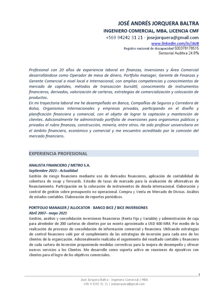 CV Jose Jorquera Baltra | PDF | Inversiones | Presupuesto