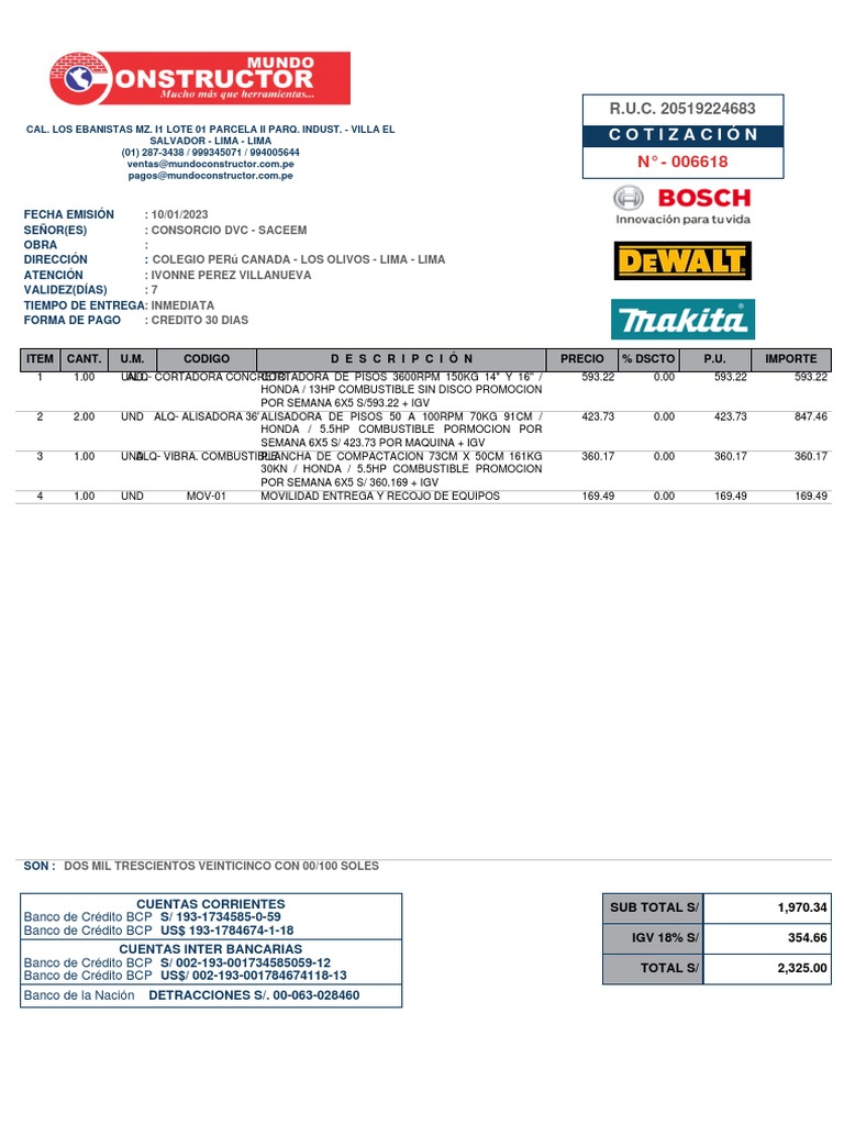 Cotizacion 006618-Consorcio DVC - Saceem | PDF