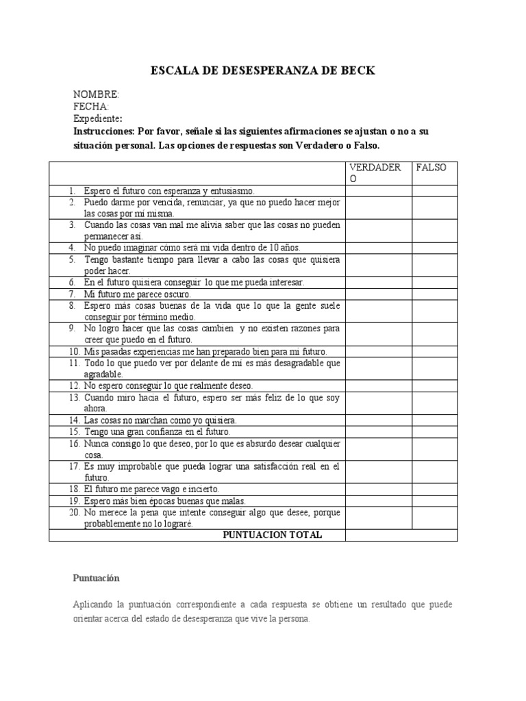 Escala de Desesperanza de Beck | PDF | Sicología