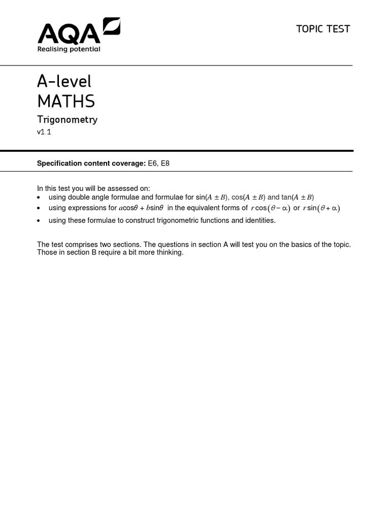 Trigonometry A Level Topic Test v1 1 | PDF | Trigonometry ...