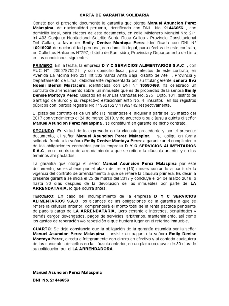 Carta de Garantia Solidaria Manuel Asuncion Perez Malaspina | PDF ...