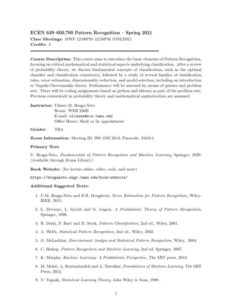 ECEN 649 - Braga Neto | Download Free PDF | Statistical Classification | Pattern Recognition
