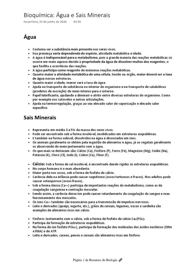 Bioquímica Importância Da água E Sais Minerais Pdf Organismos Cálcio