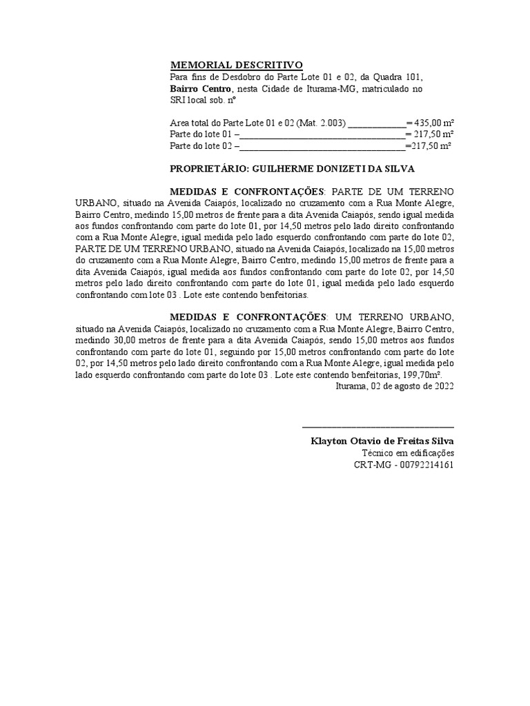 Exemplo Memorial Descritivo Lote | PDF