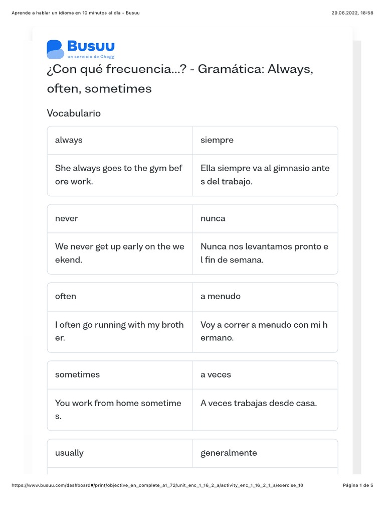 Adverbios de Frecuencia Ingles | PDF
