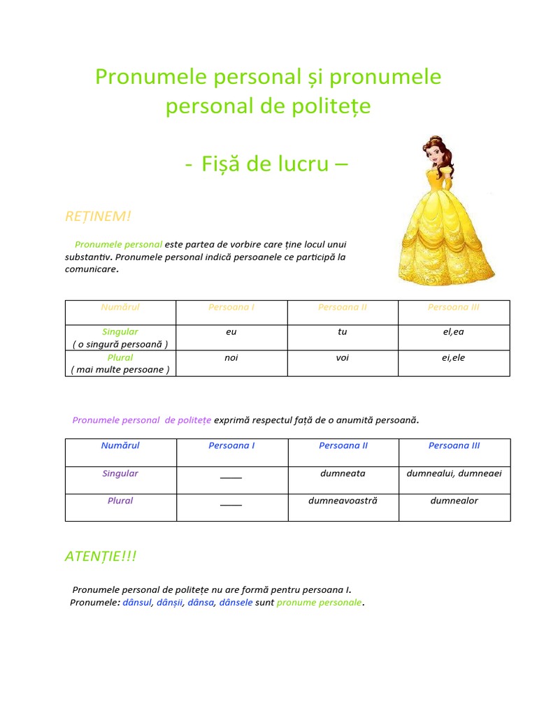 Pronumele Personal Si Pronumele de Politete Fisa de Lucru | PDF