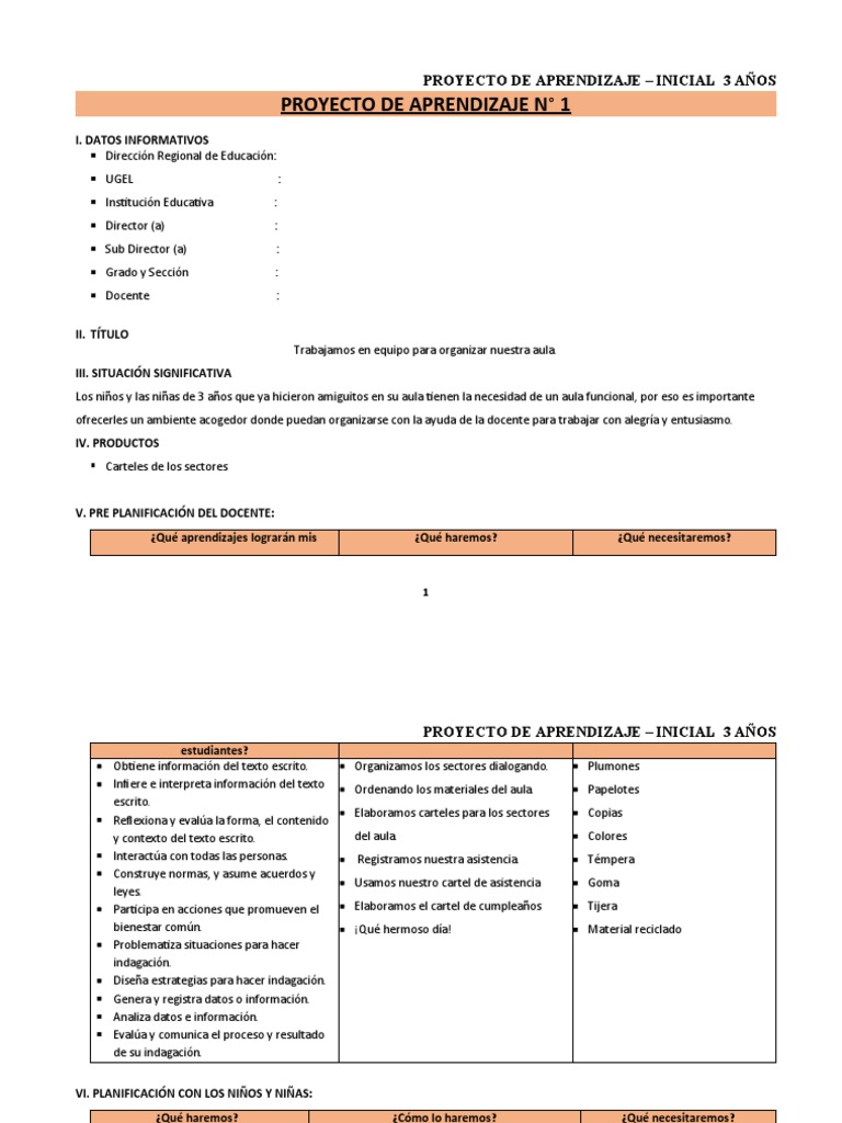 Proyecto de Aprendizaje - 3 Años | PDF | Aprendizaje | Salón de clases