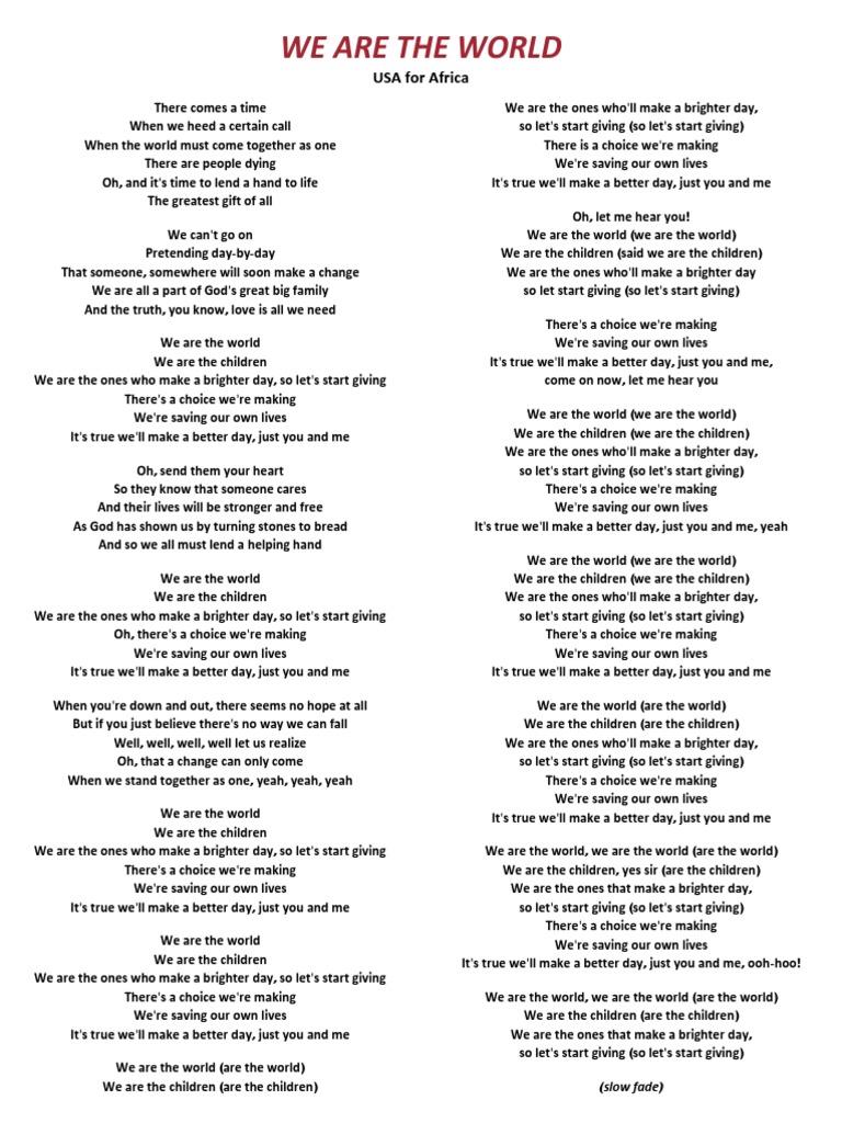 We Are The World Lyrics | PDF | Wellness