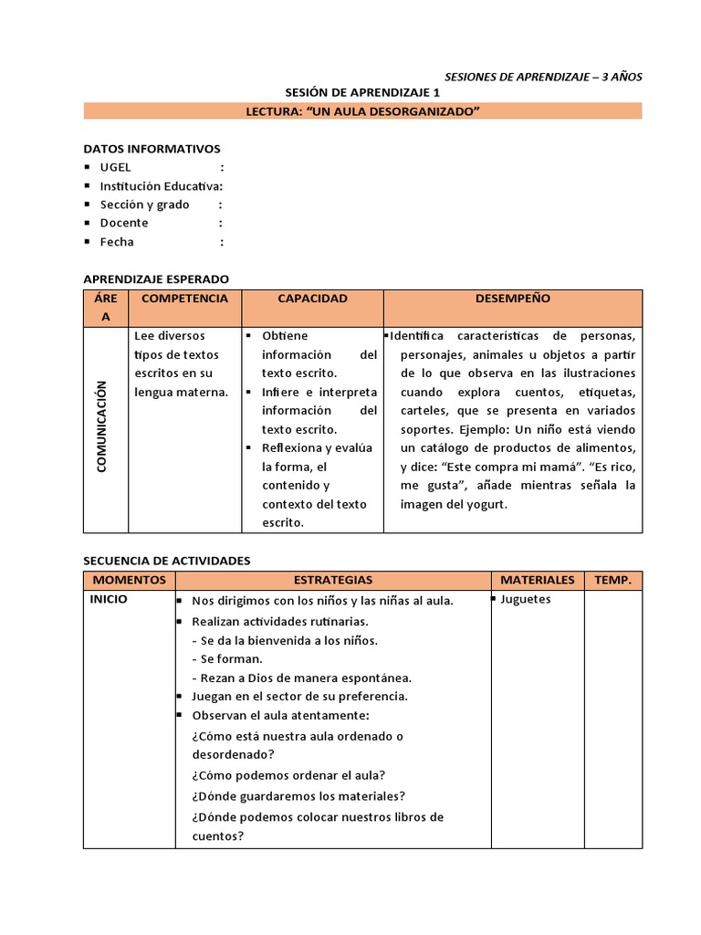 SESIÓN DE APRENDIZAJE DEL PROYECTO - 3 AÑOS | PDF | Aprendizaje | Salón de clases