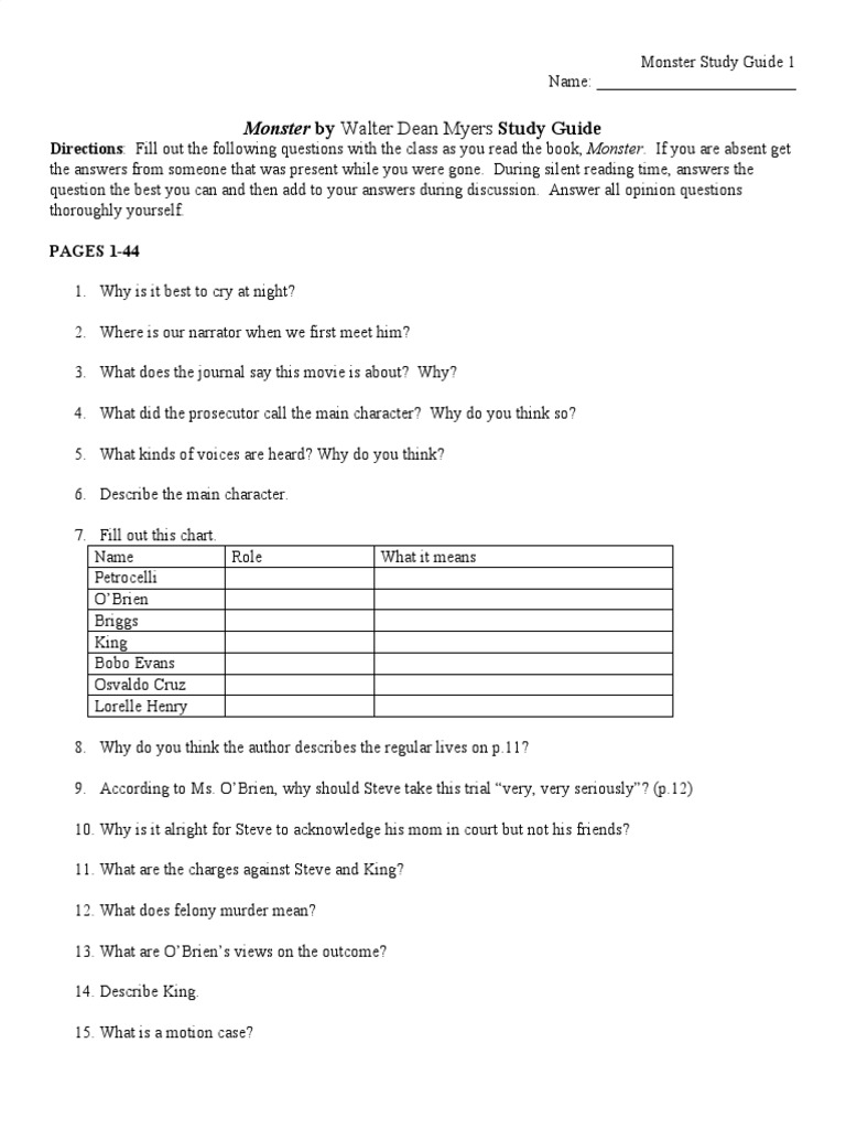 Monster Study Guide for Walter Dean Myers | PDF | Witness | Testimony