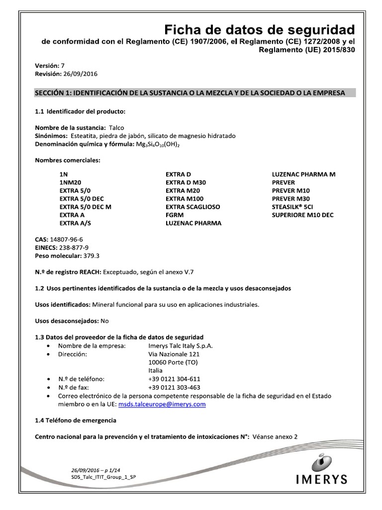 MSDS Talco Polvo Fino | PDF