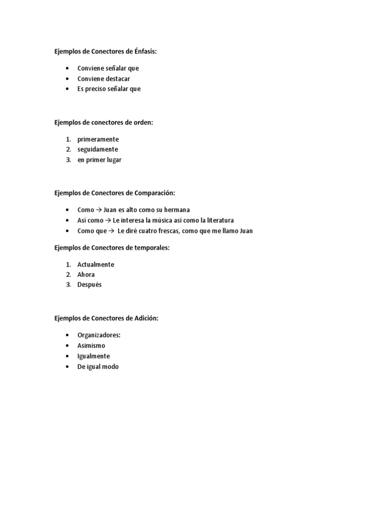 Ejemplos de Conectores de Énfasis, Etc. | PDF