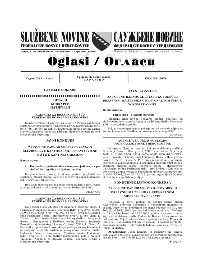 Slubene Novine F Bih 1 23 Oglasni Dio | PDF