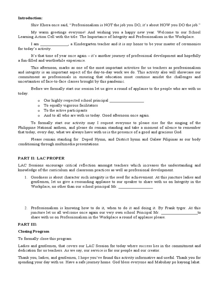 Emcee Script Lac Sessions | Download Free PDF | Learning | Behavior Modification