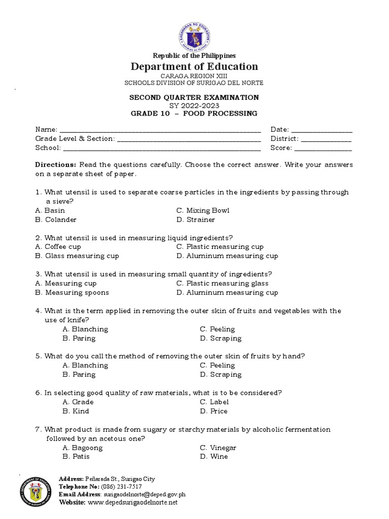 Grade 10 Food Processing Examination: A Comprehensive Assessment of Key ...