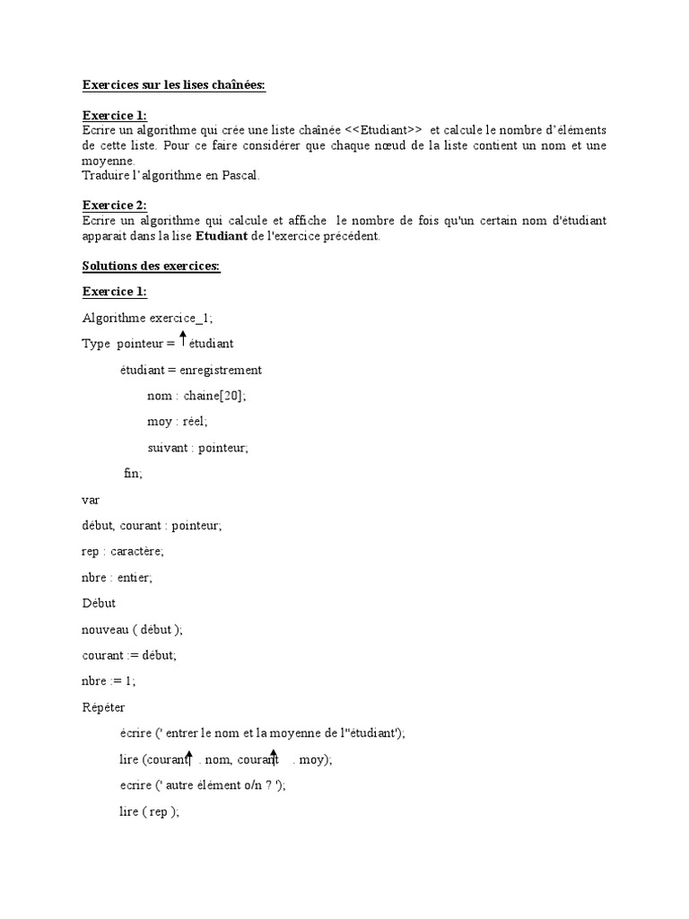 Exercices Sur Les Lises Chaînées | PDF | Pointeur (programmation) | Informatique