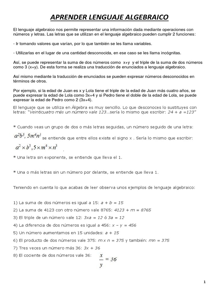 Aprender Lenguaje Algebraico | PDF | Multiplicación | Matemáticas