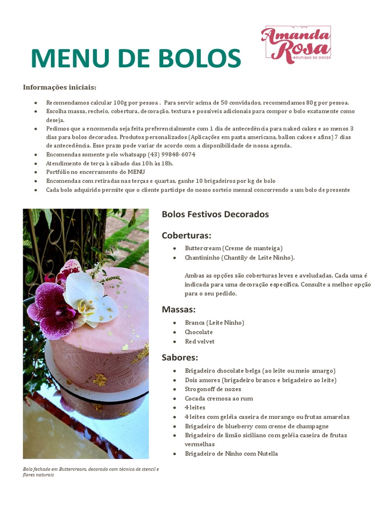 Menu_de_BOLOS_2020_1-2 | PDF | Chocolate | Cobertura (alimento)