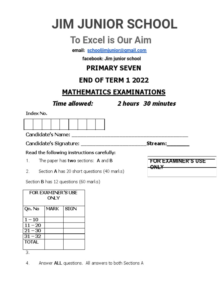 JIM JUNIOR SCHOOL Math Exams | PDF | Mathematics
