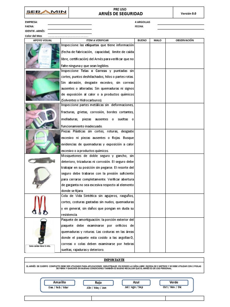 Formato Pre Uso de Arnés de Seguridad SERAMIN | PDF | Materiales