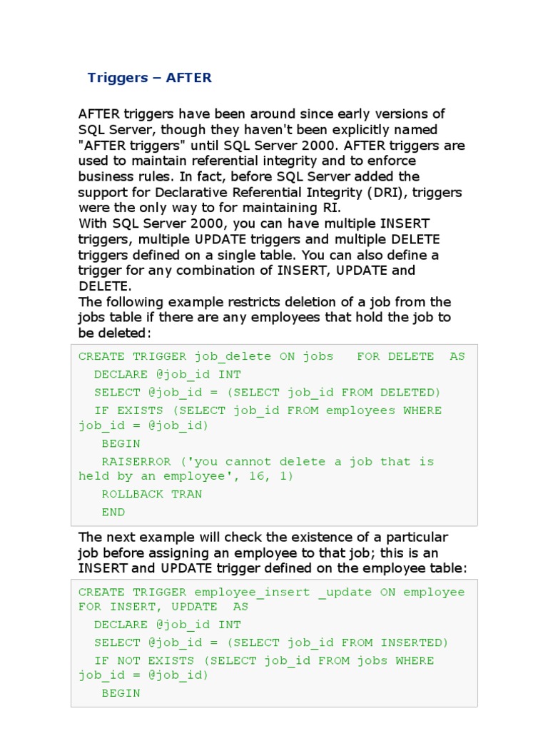 Maintaining Referential Integrity and Business Rules Through AFTER Triggers | PDF | Databases ...