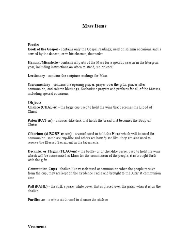 Mass Items | PDF | Eucharist | Mass (Liturgy)