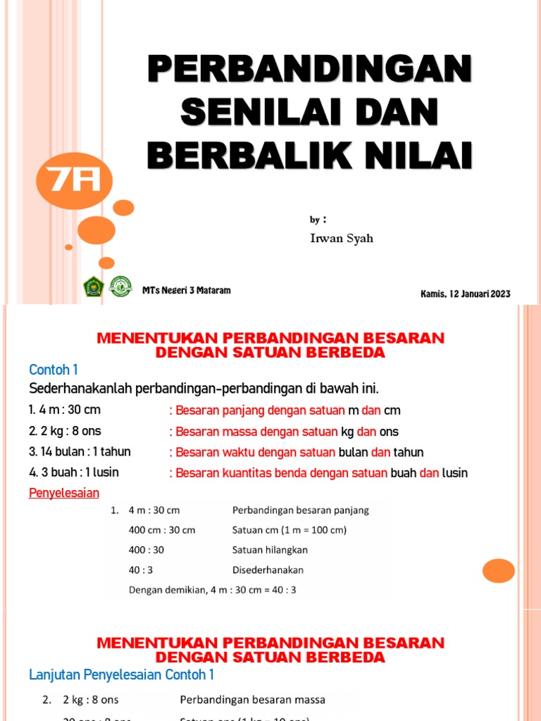 Perbandingan Senilai Dan Berbalik Nilai - 7A | PDF