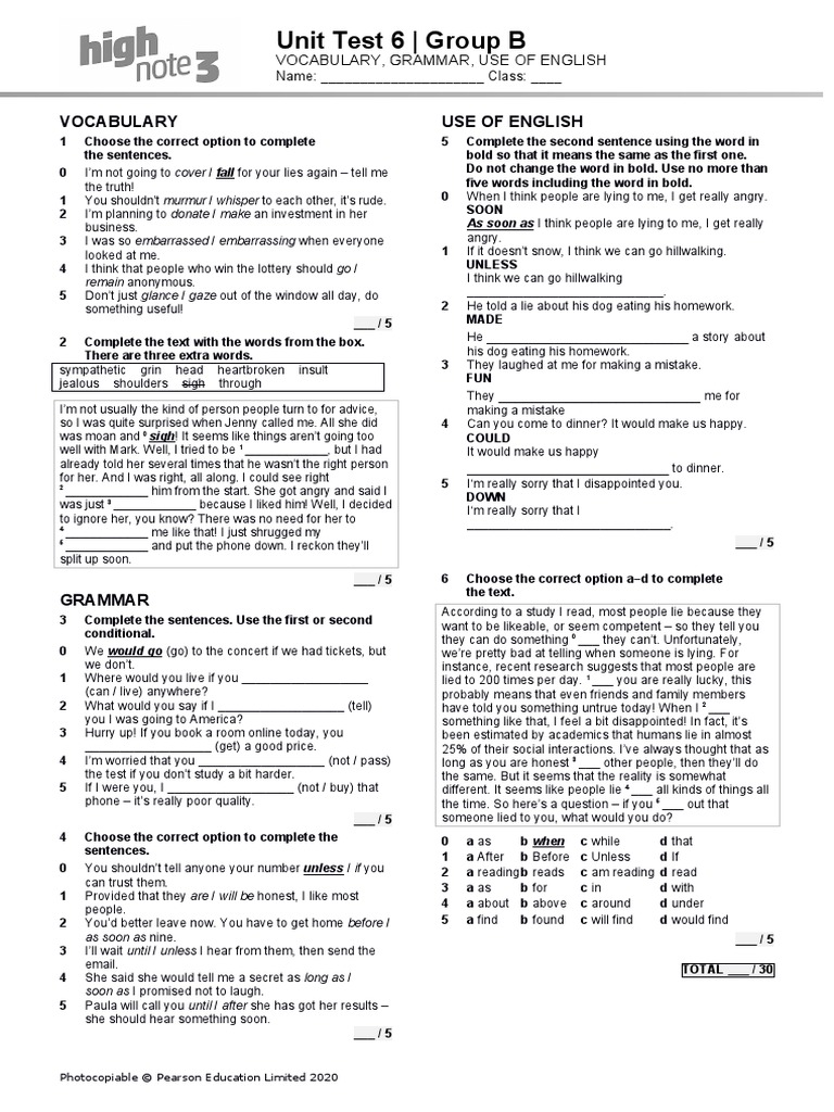 HighNote3 Unit Language Test Unit06 GroupB | PDF