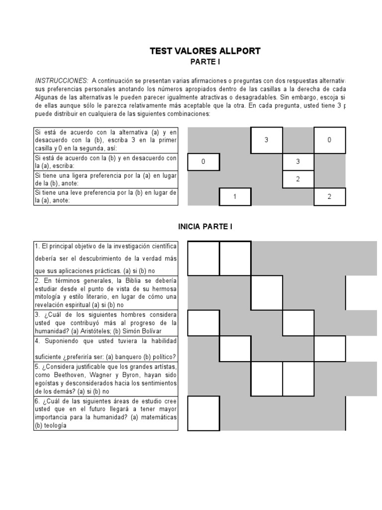 Test de Valores Allport: Instrucciones y Preguntas | PDF | Sociedad