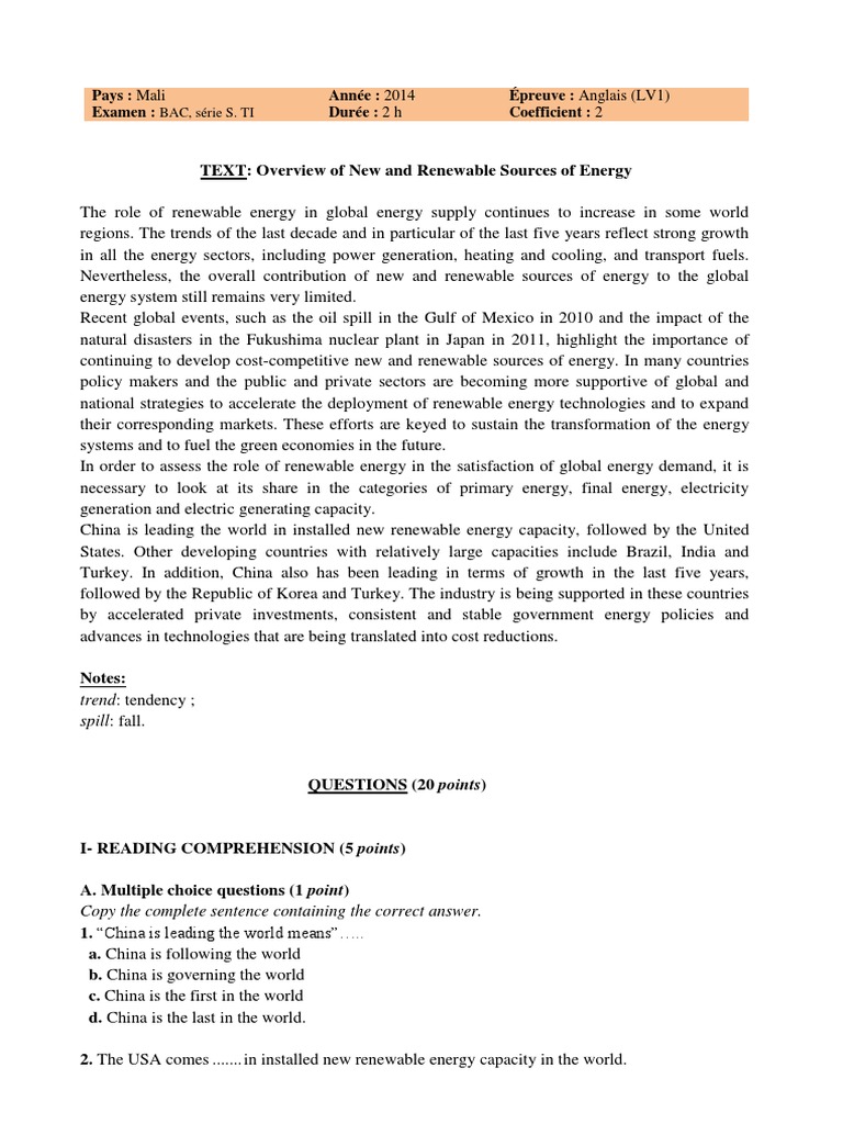 Mali 2014 Bac Anglais Serie STI | PDF | Renewable Energy | Energy ...