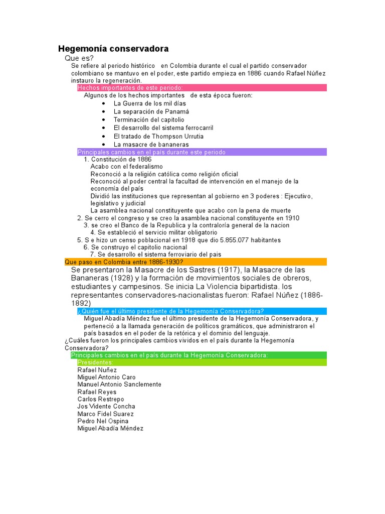 La Hegemonía Conservadora en Colombia (1886-1930): Principales cambios ...