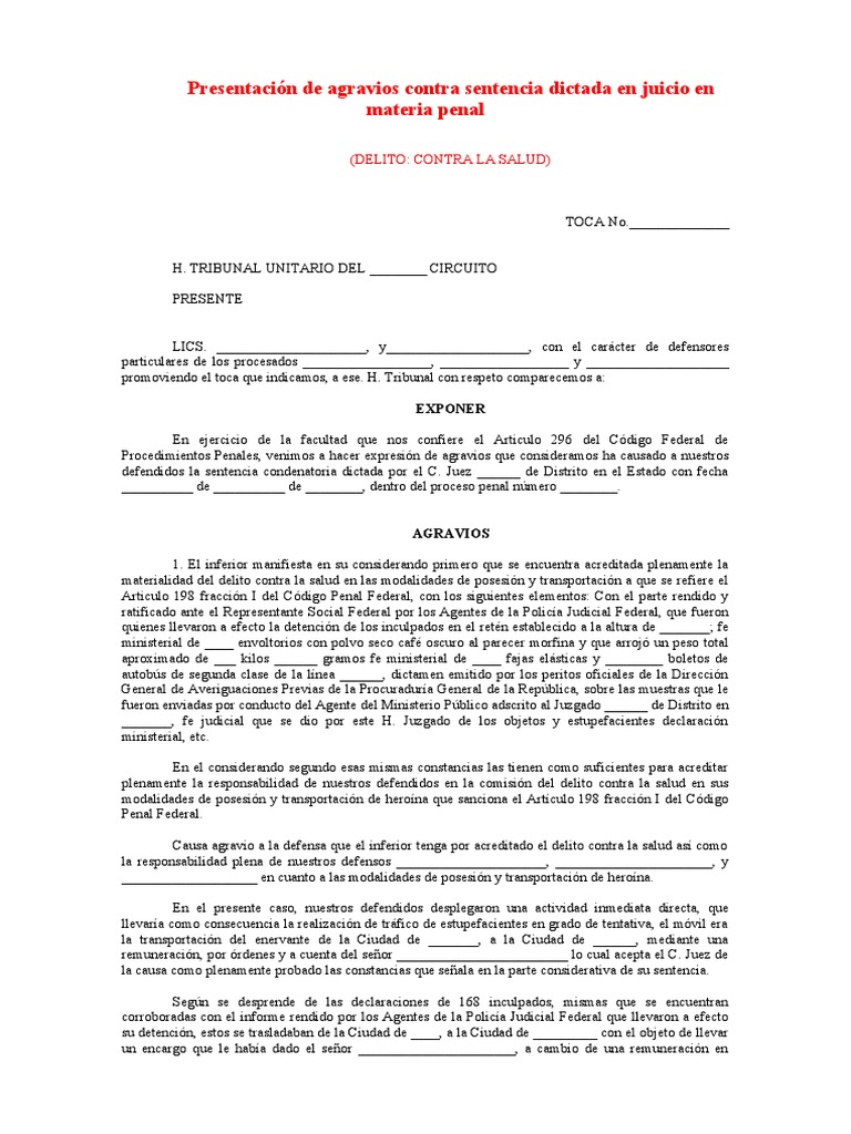 Agravios Contra Sentencia Dictada Por Delitos Contra La Salud | PDF | Procedimiento Criminal ...