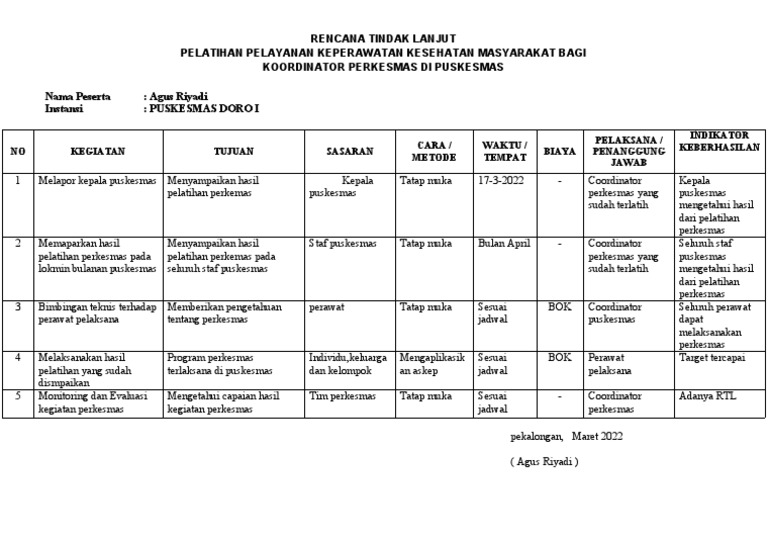 Rencana Tindak Lanjut Pelatihan Perkesmas | PDF