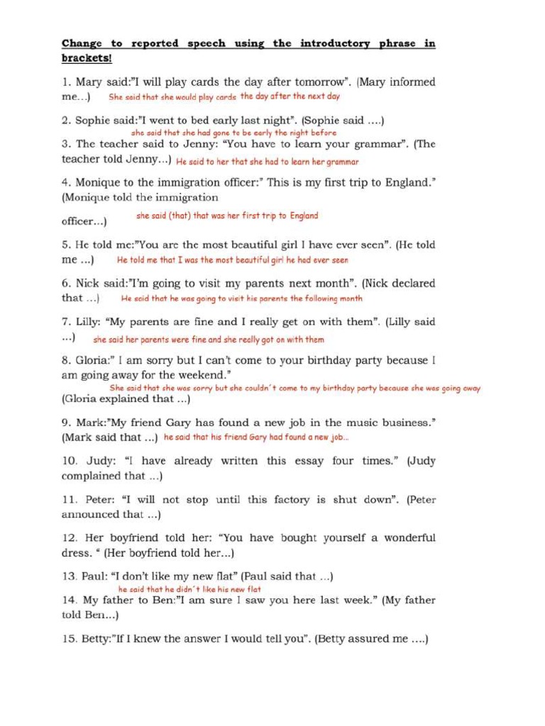 REPORTED SPEECH STATEMENTS Exercises | PDF