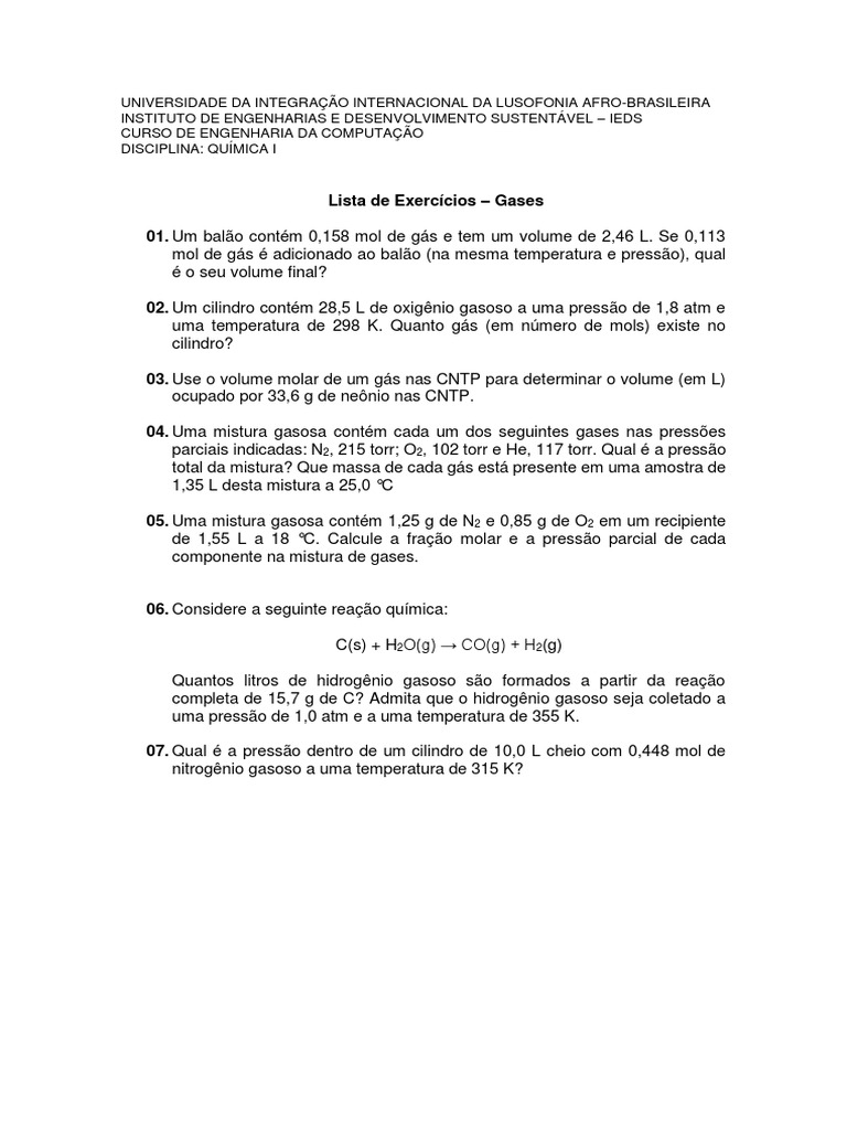 3a Lista de Exercícios - Parte II - Gases | PDF