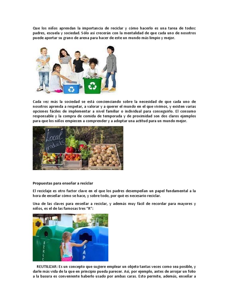 Que Los Niños Aprendan La Importancia de Reciclar y Cómo Hacerlo Es Una Tarea de Todos | PDF ...