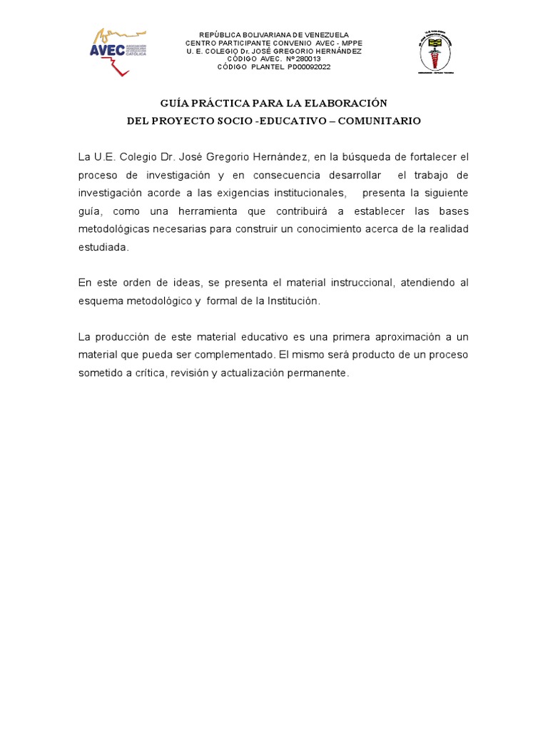 Guia Practica Proyecto Socio Educativo Comunitario 2021-2022 | PDF | Muestreo (Estadísticas ...