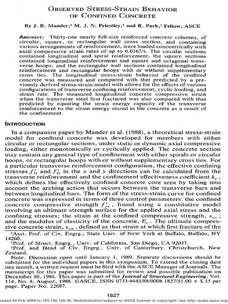 Mander, Priestley & Park - Observed Stress-Strain Behavior of Confined ...