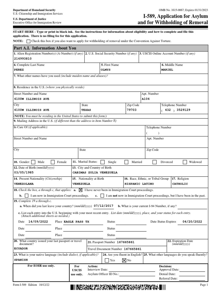 Form I-589, Application For Asylum and For Withholding of Removal ...