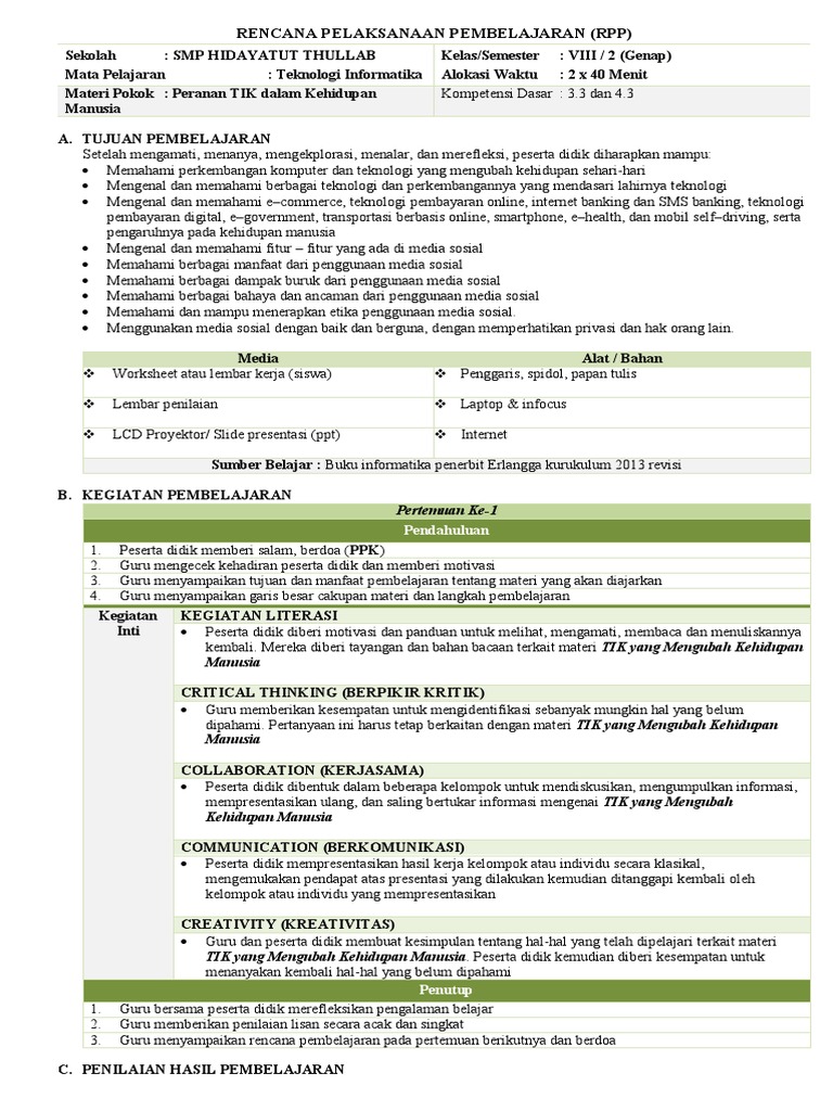 RPP 1 Lembar TIK Kls 8 | PDF