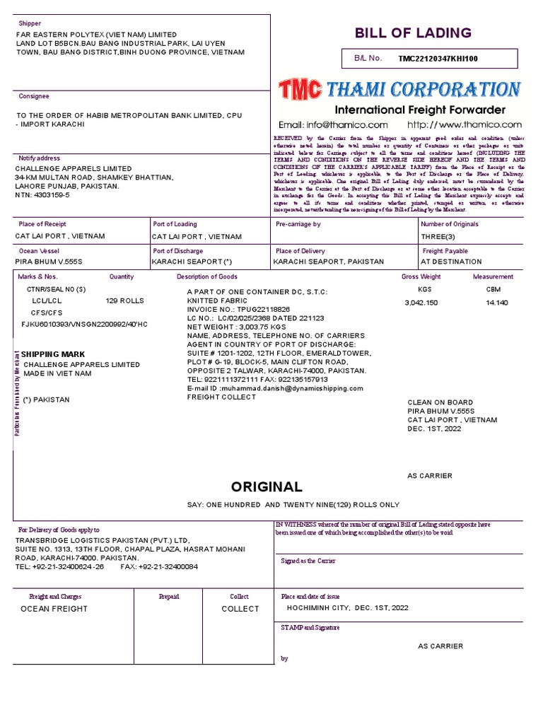 0347khi - Polytex - Ori | PDF | Bill Of Lading | Cargo